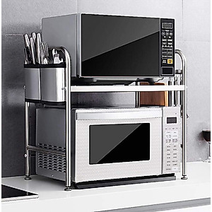 Double Stainless Steel Microwave Oven Rack/Kitchen Desktop Oven Shelf/countertop Rice Cooker Storage Shelf / 6 Hooks/can Bear 20KG