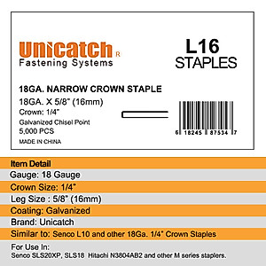 Senco L Series 18 Gauge Narrow 1/4 Inch Crown Staples - 5/8 Inch Legth (5,000/Box) Similar to Senco L10