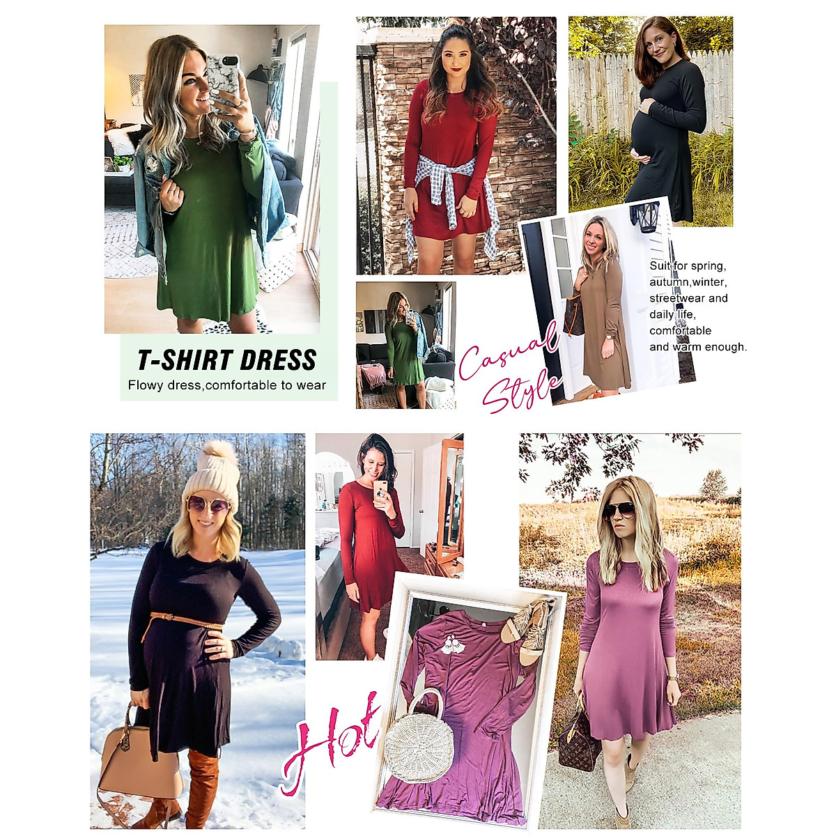 MOLERANI Women's Casual Plain Long Sleeve Simple T-Shirt Loose Dress (M, Purple)