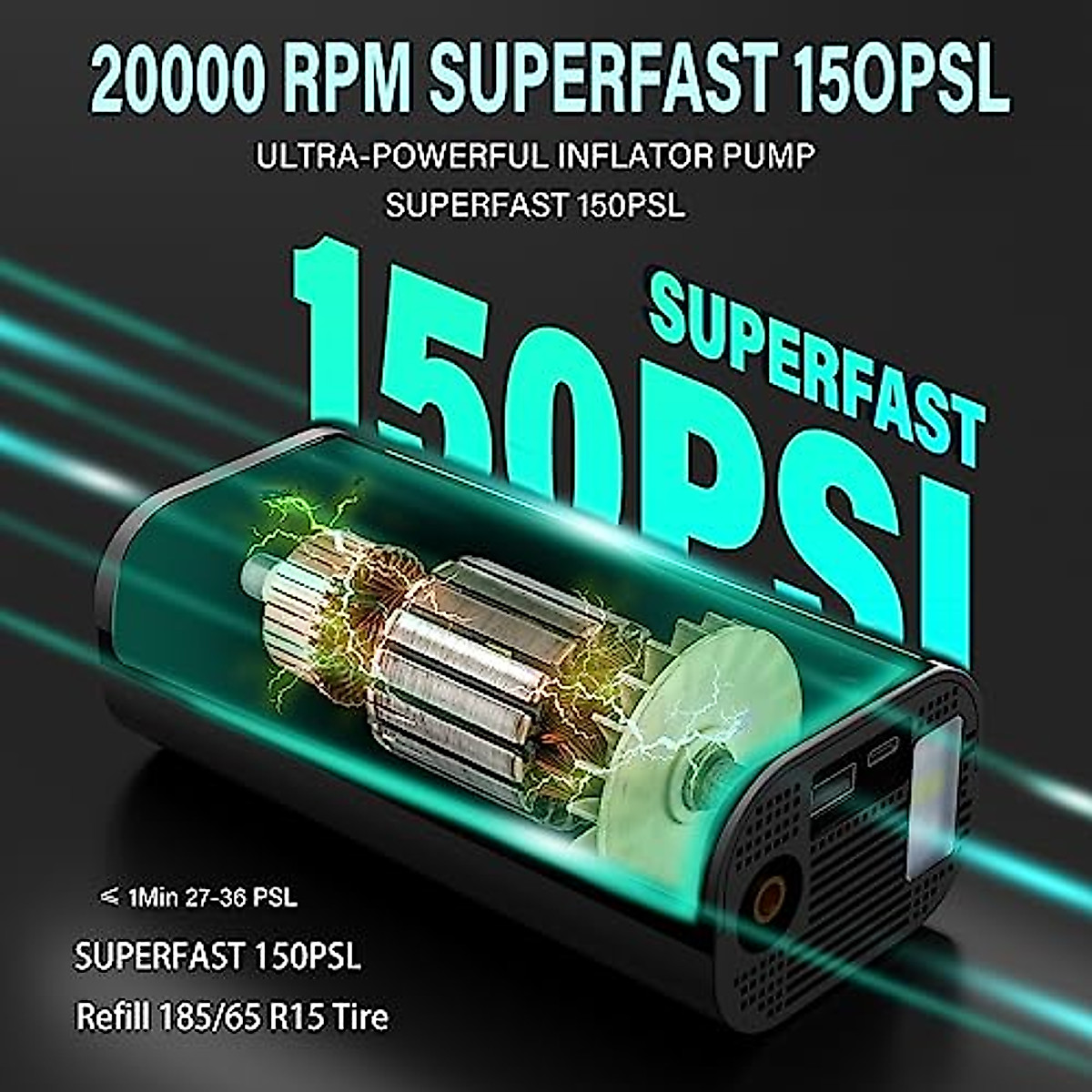 Salate Portable Air Compressor Tire Inflator, 150PSI Cordless 12V DC 2-Way Power Supply Air Pump 7800mAh Battery Capacity Tire Pump with 6”Screen Suitable for Cars Motorcycles E-Bikes