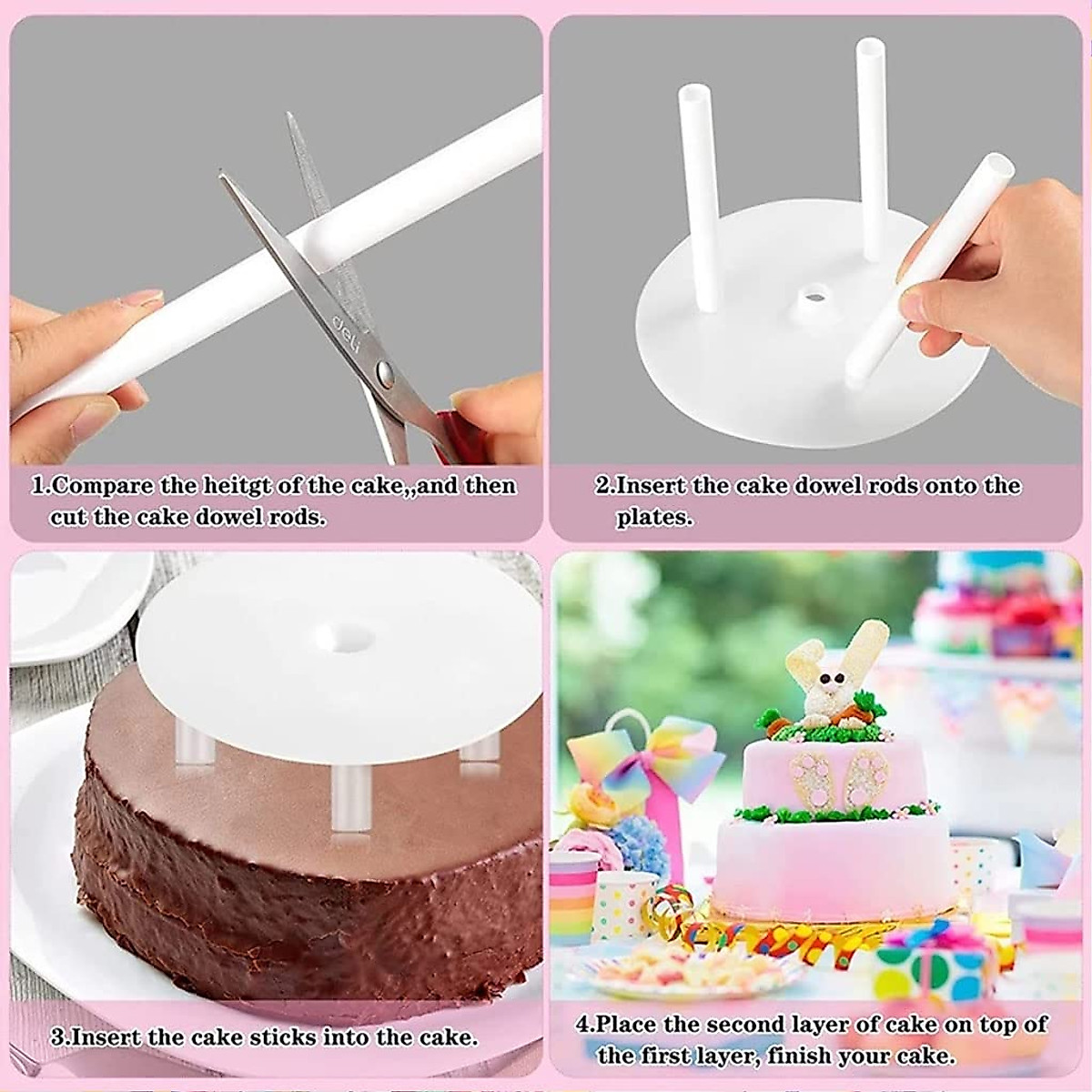 EBOCACB Smiley Plastic Cake Dowel Rods Set，12 Pcs White Plastic Cake Dowel Rods,12 Pcs Clear Cake Stacking and 4 Pcs Smiley Cake Separator Plates for 4, 6, 8, 10 Inch Cakes