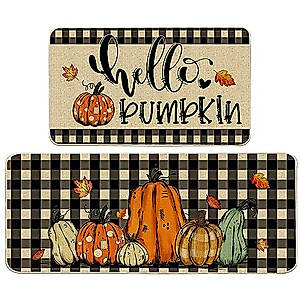 Cusugbaso Fall Kitchen Mats, Sunflower Kitchen Rugs Set of 2 - Farmhouse Plaid Pumpkins Fall Kitchen Decor for Floor - Fall Decorations for Home 17"x27+17"x47"