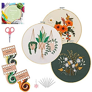 Santune 3 Sets Embroidery Starter Kit with Pattern and Instructions, Cross Stitch Set, Stamped Embroidery Kits with 3 Embroidery Clothes with Pattern, 1 Embroidery Hoops