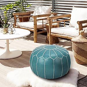 zefen Leather Pouf Unstuffed Ottoman - Moroccan Ottoman Footstool, Upholstered Pouf Futon Chair - Boho Decor for Living Room Furniture, Bedroom, Kids Room - Boho Home Gift Idea Wedding Poufs (Blue)