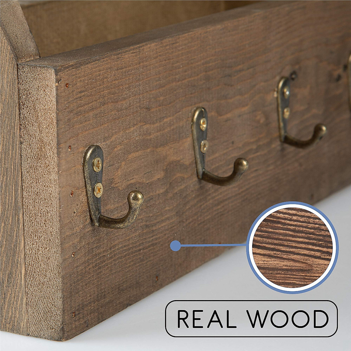 Ilyapa Key Holder for Wall, Farmhouse Mail Organizer Wall Mount, Rustic Wooden Mail Holder, Keys Center with 5 Antique Brass Hooks