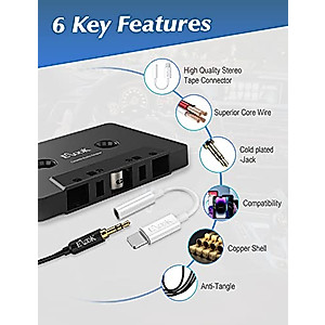 Elook 2023 Car Cassette Aux Adapter Kit, with Upgraded Smartphone to 3.5 mm Headphone Jack Adapter for Phone, MP3 ect. Black