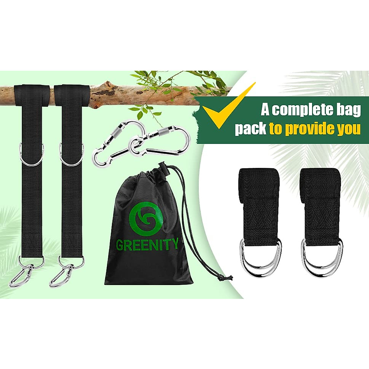 Greenity Tree Swing Strap Adjustable - 5ft Long Hammock Straps for Trees Heavy Duty - Lightweight Hammock Tree Straps with Carabiners Hold 2000 Lbs Fast Way to Hang Swings Using Rope Style Tree Strap