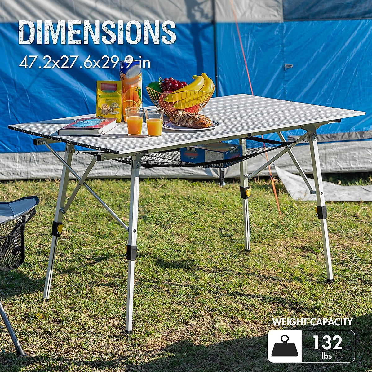 PORTAL Camping Table Portable Foldable with Adjustable Legs, Aluminum Folding Table Roll Up Table with Carrying Bag for Outdoor, Beach, Picnic, Backyards, BBQ and Party, Silver, Big