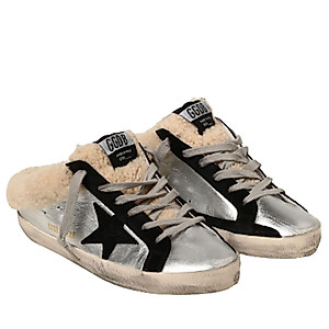 Golden Goose Super-Star Sabot Laminated Upper Suede Star Shearling Lining Womens Distressed Sneakers-37 White