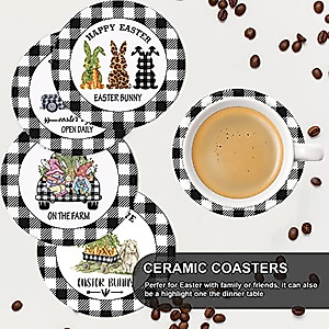 Whaline Easter Coaster 4Pcs Easter Farmhouse Drink Coaster White Black Buffalo Plaids Bunny Rabbit Truck Ceramic Coaster Cup Mat for Mugs Cups Home Kitchen Party Supplies, 4.1 x 0.3 Inch