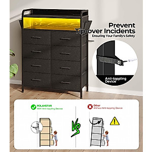 Rolanstar Dresser with Power Outlets and LED Lights, 8 Drawers Dresser with Side Pockets, Fabric Chest of Drawers with PU Finish, Tall Dresser with Sturdy Frame & Wood Top for Bedroom, Black