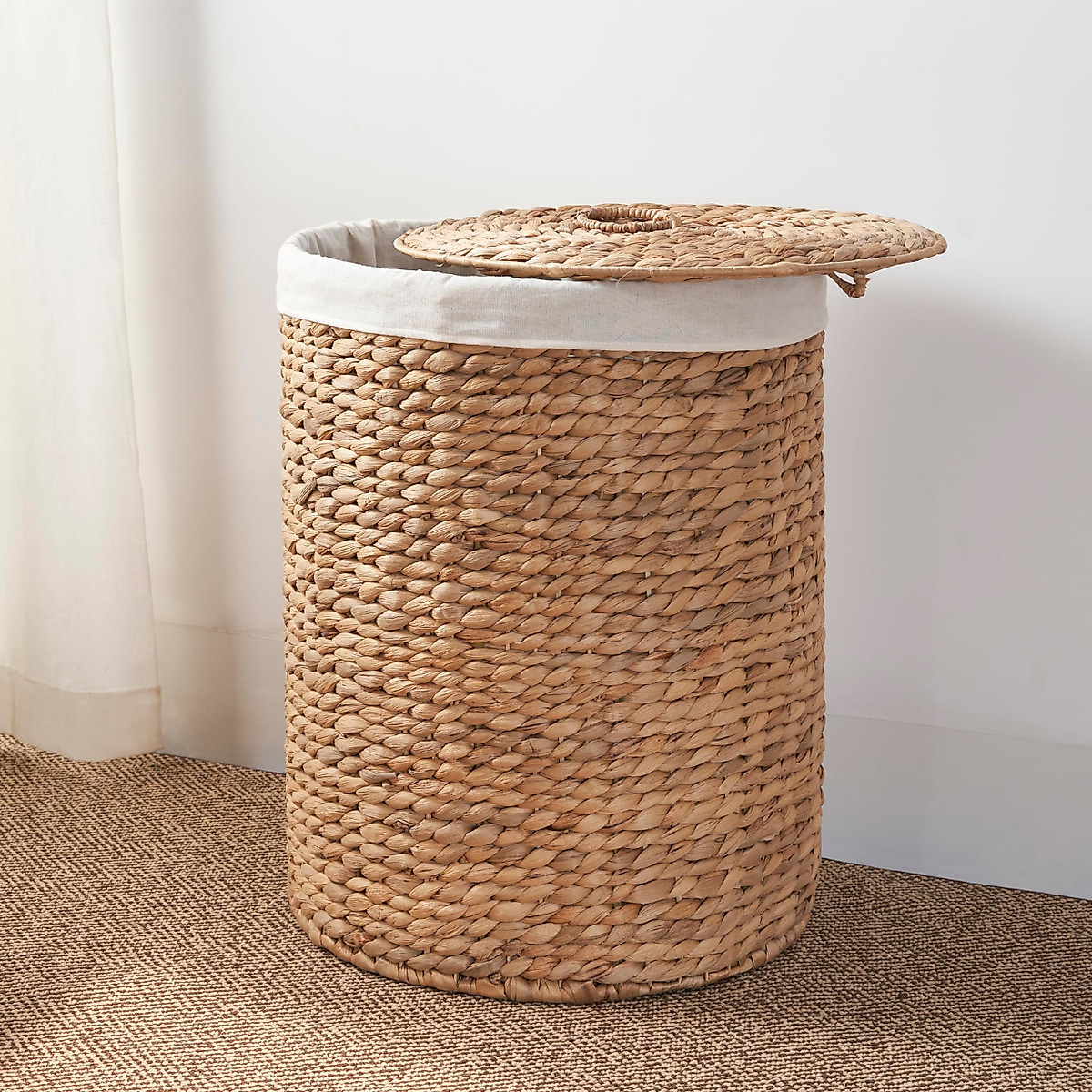 Round Woven Wicker Laundry Hamper with Lid - Large Water Hyacinth Storage Wicker (Natural Brown, 15"L x 15"L x 20"H)