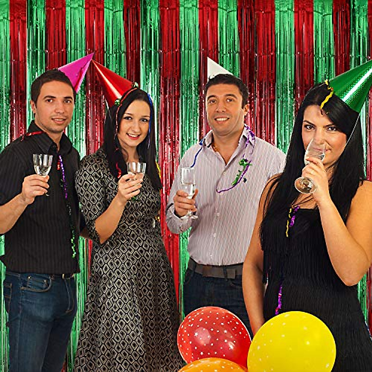 Sumind 3 Pack Metallic Tinsel Curtains, Foil Fringe Shimmer Curtain Door Window Decoration for Birthday Wedding Party (Red with Green)