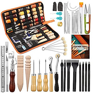 BUTUZE Leather Working Tools, Leather Tool Kit, Practical Leather Craft Kit with Waxed Thread Groover Awl Stitching Punch Hole for Leathercraft Beginner or Adults Gifts - Comes with Tool Manual