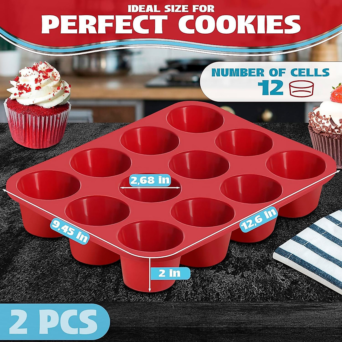 V TOWER 2Pcs Silicone Muffin Pans for Baking - 2 inch Deep Muffin Pan Silicone Molds for Baking Pans Nonstick Muffin Pan 12 Cavity - Silicone Muffin Pan Cupcake Silicone Molds Baking Pan Set