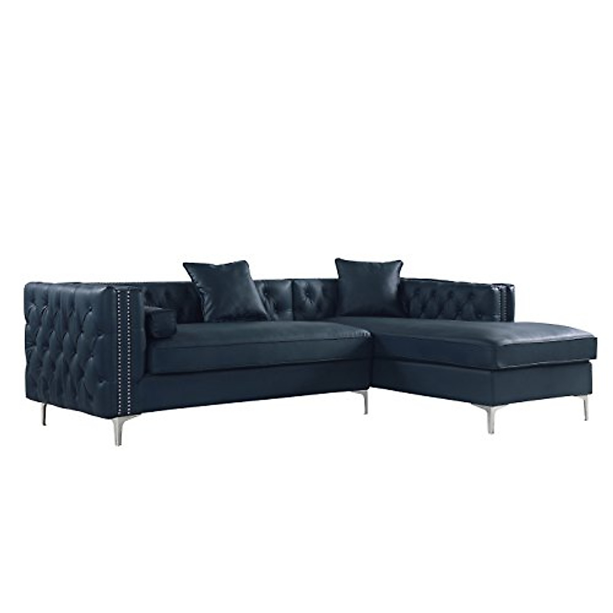 Iconic Home Da Vinci Right Hand Facing Sectional Sofa L Shape Chaise PU Leather Button Tufted with Silver Nailhead Trim Silvertone Metal Leg with 3 Accent Pillows, Modern Contemporary, Navy