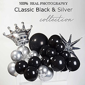 Black and silver balloon Garland Arch Kit with Large Starburst Crown foil balloons for 25th Birthday 50th Anniversary new year eve decorations Retirement Party Supplies