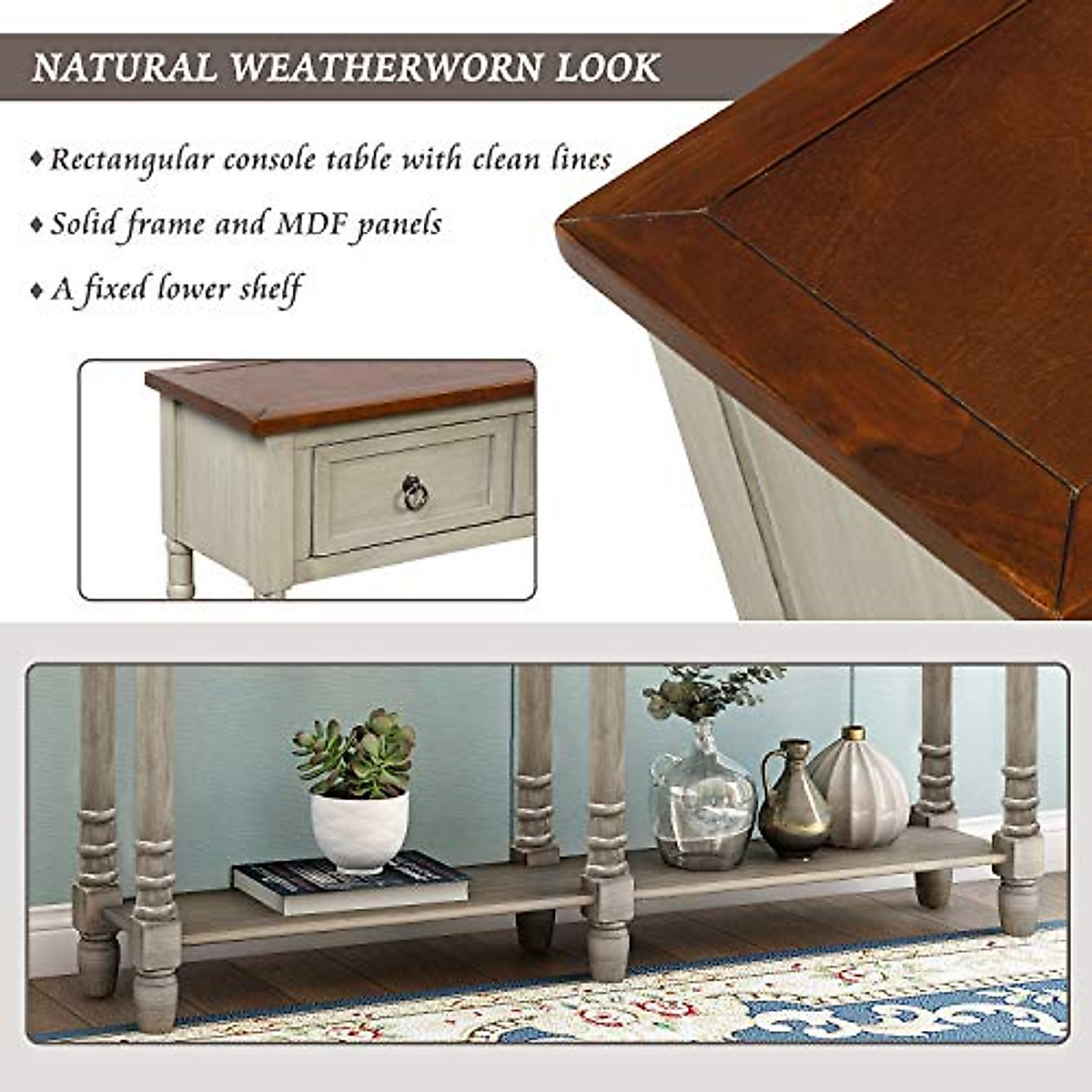 AWQM Console Table with Drawers, Long Shelf Sofa Table, Ideal for Living Room,Entryway/Hallway, 58”L x 11”W x 34”H,Antique Grey