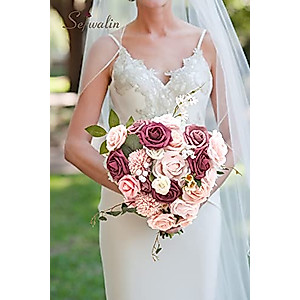 Serwalin Artificial Flowers Dusty Rose Fake Silk Flowers for DIY Wedding Bridal Bouquets Pink Fake Rose Flowers Combo Centerpieces Arrangements Party Baby Showers Home Cake Decorations
