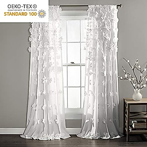 Lush Decor Riley Window Curtain Sheer Ruffled Textured Bow Window Panel for Living, Dining Room, Bedroom (Single), 54"W x 84"L, White