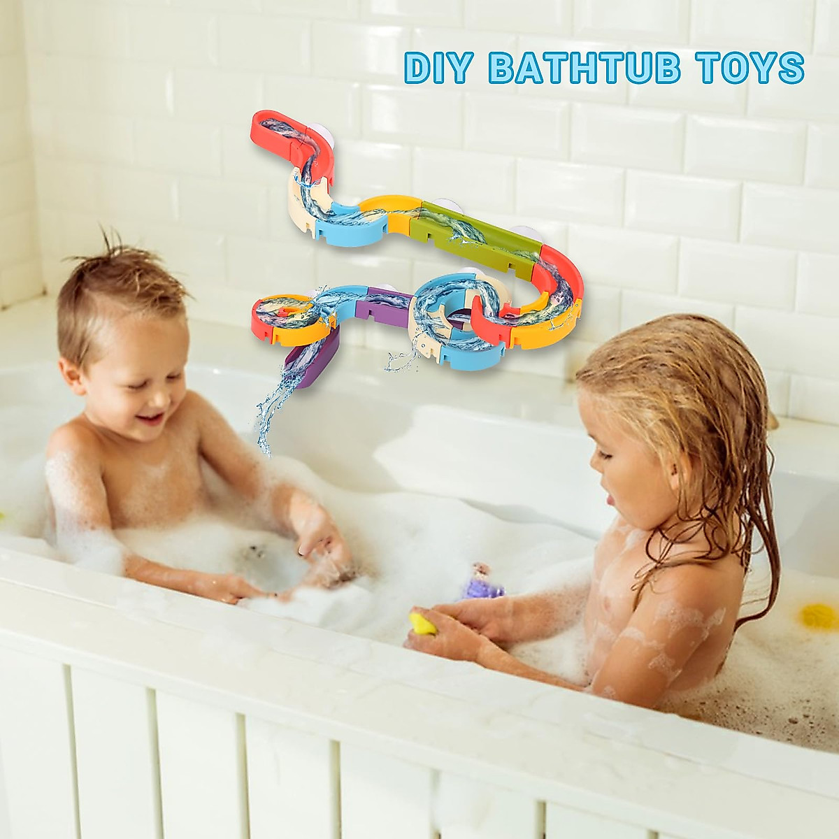 AXSOGAO Toddler Bath Toys 28Pack Wall Bathtub Toys Water Slide Bath Toy for Toddlers 1-3 2-4 4-8 Bath Toys DIY Building Take Apart Set Shower Gifts Duck Slide Bath Toys Birthday Gift for Boys Girls