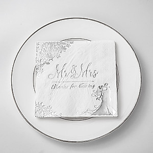 Silver 100 Pcs Wedding Napkins for Reception Mr and Mrs Wedding Cocktail Napkins, Disposable Napkins for Wedding, Engagement, Bridal Shower Party Decorations