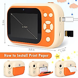 Seemee Instant Print Camera for Kids, Funny Selfie Camera, Kids Digital Camera with 3.5" Screen, 32G Card, Print Papers, Stickers, Dual Cameras HD 1080P, Birthday Gifts Toys for Boys Girls (Beige)