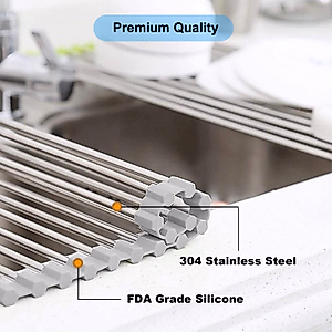 Searik Extra Large 20.5"x19.7" Dish Drying Rack Roll Up Sink Drying Rack, Over The Sink Dish Rack Multi-Use Stainless Steel Dish Drainers Heat Resistant Mat for Drying Draining Trivet