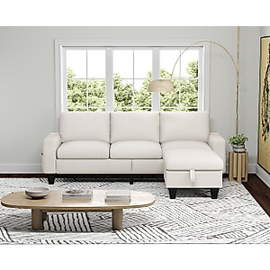 Yattem Convertible Sectional Sofa Couch：Modern L-Shaped Sofa Couches with Reversible Storage Ottoman & Side Storage Pockets - 3-Seat Beige Linen Sofa Couch for Living Room/Apartment/Studio/Small Space