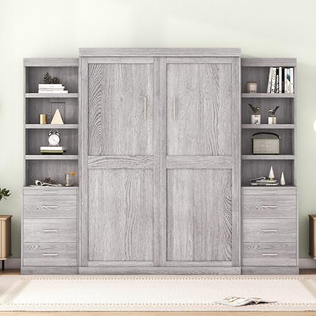 DEYOBED Multifunctional Full Size Murphy Bed with Storage Shelves and Drawers, Solid Wood Platform Wall Bed Cabinet for Guest Room Home Office, Ideal for Small Spaces, Gray