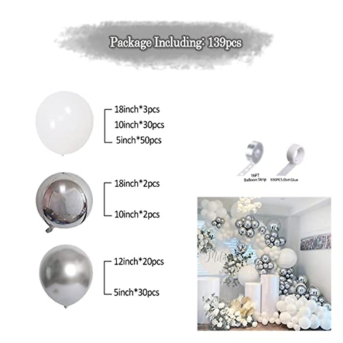 YSF White Silver Balloon Arch Garland Kit, 139 Pieces Latex Balloons for Baby Shower Wedding Birthday Graduation Anniversary Bachelorette Party Background Decorations