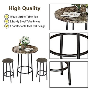AWQM 3 Piece Bar Table Set, Small Bistro Table and Chairs Set of 2, Round Pub Dining Table Set for Breakfast Nook, Dining Room, Kitchen, Small Spaces - Brown