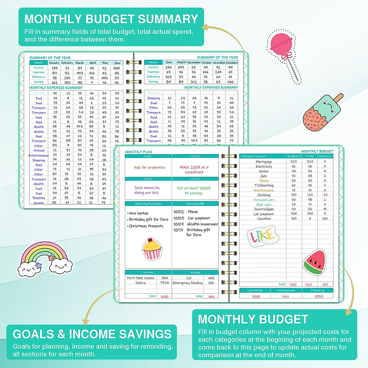 Budget Planner - Budget Book with Bill Organizer and Expense Tracker, 6.1" x 8.25", 12 Month Undated Finance Planner/Account Book to Take Control of Your Money, Start Anytime - Mint