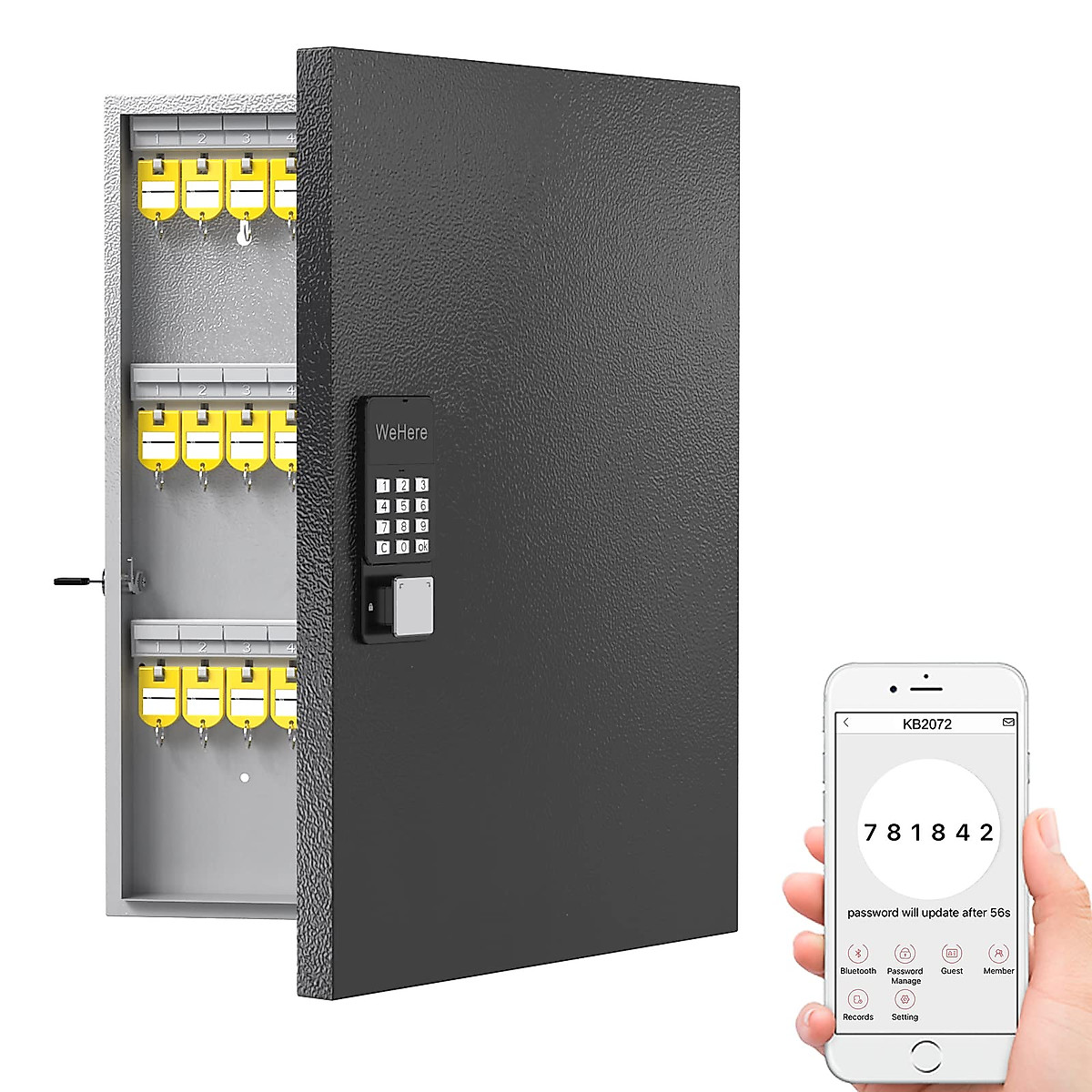72 Key Cabinet Organizer,Metal Key Lock Box Wall Mount use OTP Technology Unlock,Fixed Password/Bluetooth Unlock, App Remotely Generates Pin Codes Without Internet,Great for Key Hook & Storage