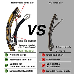 HYFEEL Large French Barrettes for Women Fine Thick Hair, Classic Tortoise Shell Hair Clips Wide Curved Celluloid Ponytail Holder Clamp Fashion Hair Accessories Automatic Clasp Hairgrips 3 Pack