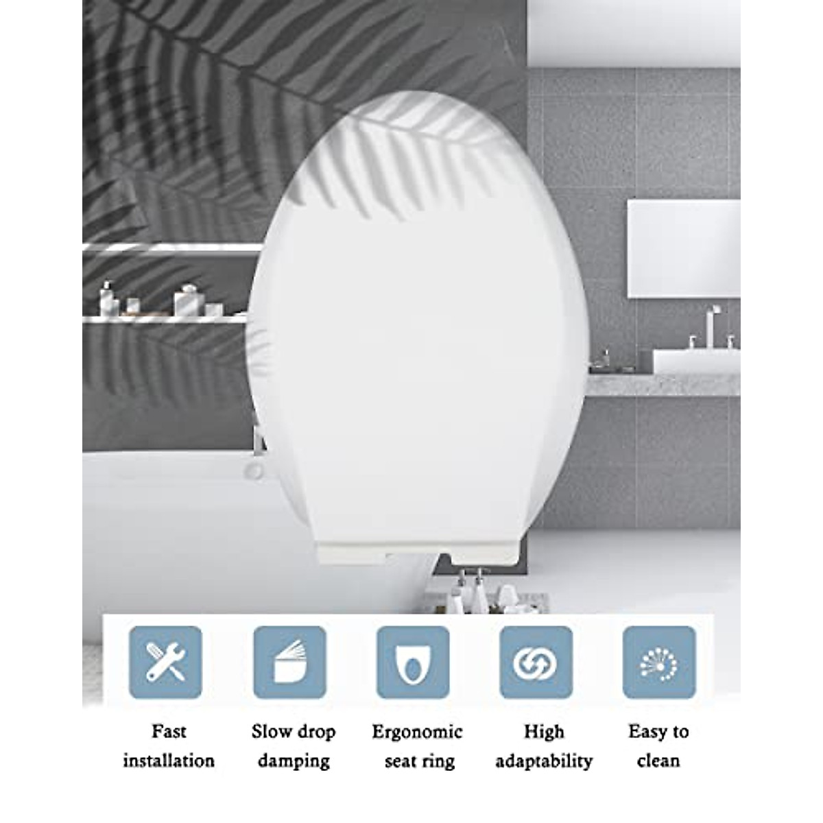 Toilet Seat Elongated, Toilet Cover, Quiet and Soft Close, Easy to Install and Remove, Ergonomic Design,Polypropylene(Plastic), White, for Elongated Oval Toilets (Long Hinge Frame)