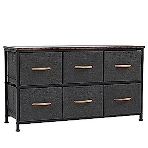 Huedimboene Wide Storage Dresser Furniture Unit with 6 Removable Fabric Drawers, Standing Tower Chest of Drawers with Steel Frame/Wood Top, Large Capacity Organizer for Bedroom, Living Room, Closet