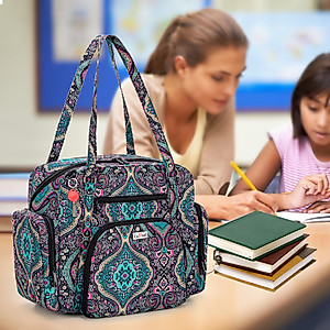 LoDrid Teacher Tote Bag with Padded Bottom, Teacher Utility Bag for Work, Large Women Work Tote Bag with Zip-Top Closure, 15.6" Laptop Layer, Multi-pockets for Teacher Supplies, Totem, Bag Only