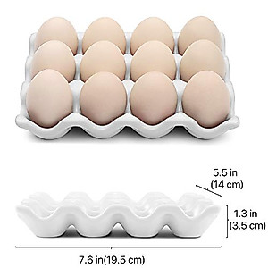 Flexzion Ceramic 12 Cups Egg Tray - Whole Dozen Porcelain Egg Holder Container Keeper Storage Organizer Decorative Serving Stand Serveware for Refrigerator Fridge Countertop Display Kitchen (White)