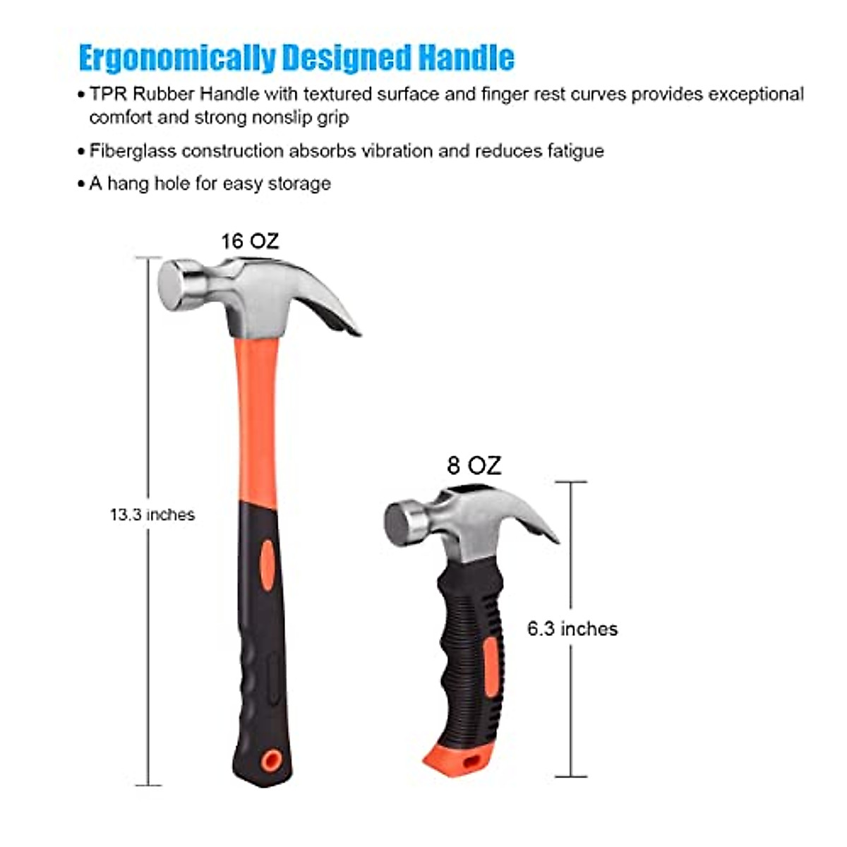 ZUZUAN 2 Piece Hammer Set,includes 1 Pack 8 OZ Mini Stubby Claw Hammer and 1 Pack 16 OZ Fiberglass General Purpose Claw Hammer,Soft Nonslip Handle & Heat Treated Head,Heavier for Higher Hardness