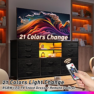 EnHomee Black Dresser with LED Lights & Power Outlets, 12 Drawers Dresser TV Stand for 60''TV for Bedroom Dresser Fabric Dressers & Chest of Drawers, Sturdy Long Dresser for Closet Living Room,Hallway