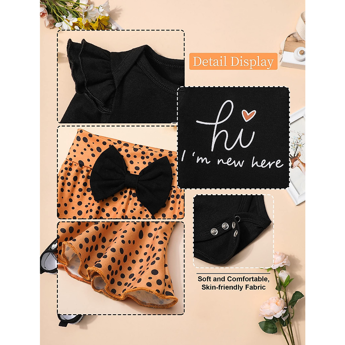 ADIFUN Newborn Girl Clothes Hi I'M New Here Black Ruffle Long Sleeve Tops Tights Leopard Baby Bell Bottoms Headband Hood 4pcs Set Newborn Baby Girl Outfits