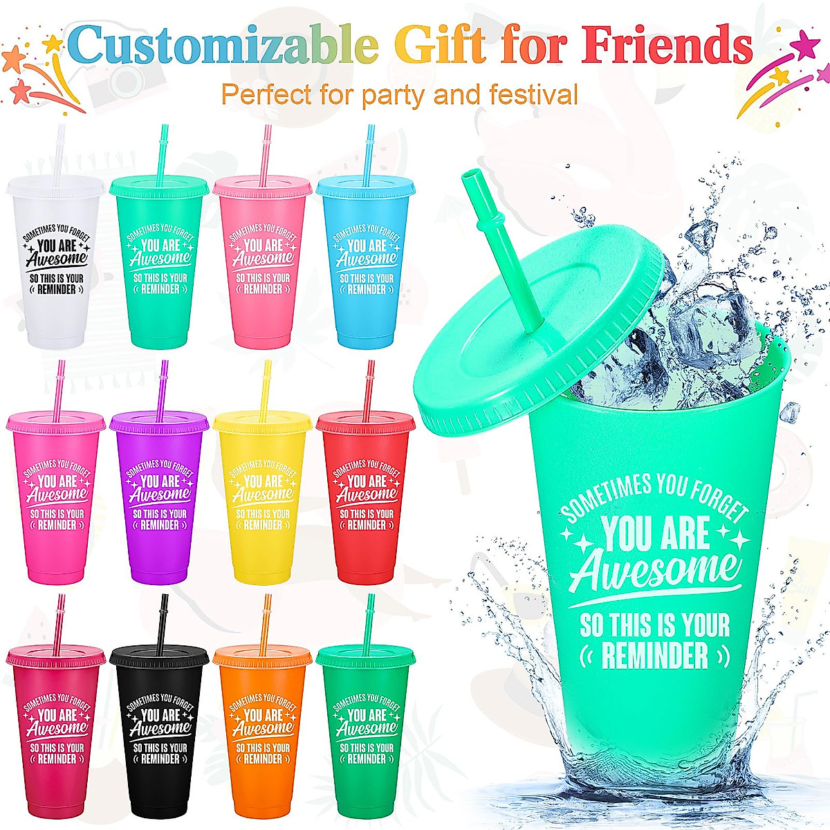 Thank You Gifts You Are Awesome Coffee Mug 24 oz Plastic Tumblers with Lids and Straw Inspirational Reusable Tumblers Appreciation Gift for Coworker Teacher Colleague Employee (24 Pack)