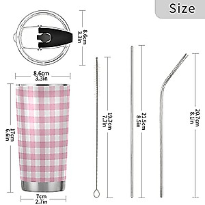 Yasala Tumbler Gingham Plaid Pink Insulated Coffee Cup Beverage Container Travel Mug with Straw and Lid Double Wall Stainless Steel 20oz BPA-Free for Sport, Back to School