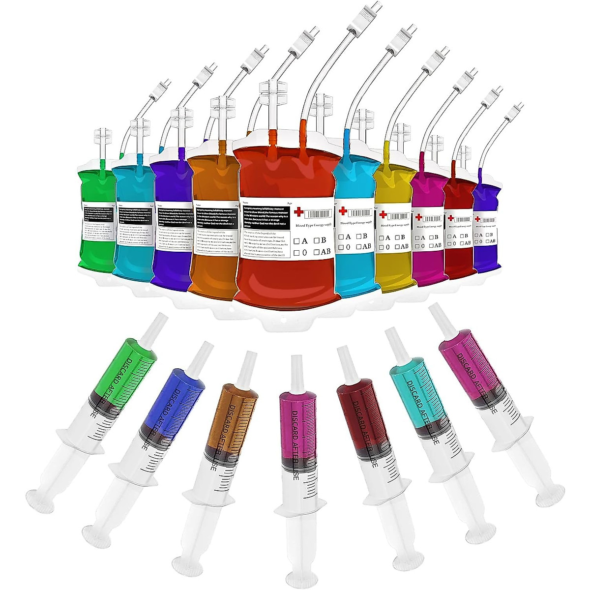 CandyHome 20 Pack Blood Bags for Drinks Sets, 10 Pcs Blood Bags, 10 Pcs 2 oz Jello-Shot-Syringes Reusable Halloween Party Supplies Drink Containers, Zombie Vampire Nurse Props
