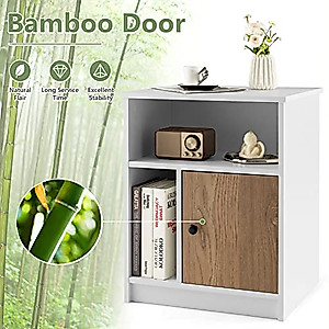 Tangkula Nightstand Set of 2, Wooden Sofa Side End Table with Bamboo Door & Open Compartments, Multifunctional 3 Tier Bedside Table for Bedroom, Accent Table with Storage (2, White)