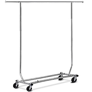 Yaheetech Commercial Clothing Garment Rack, Single Rail Clothes Hanger Freestanding Collapsible/Folding/Adjustable Heavy Duty Rolling Multi-Functional Expandable Clothes Storage w/Shelfs on Wheels