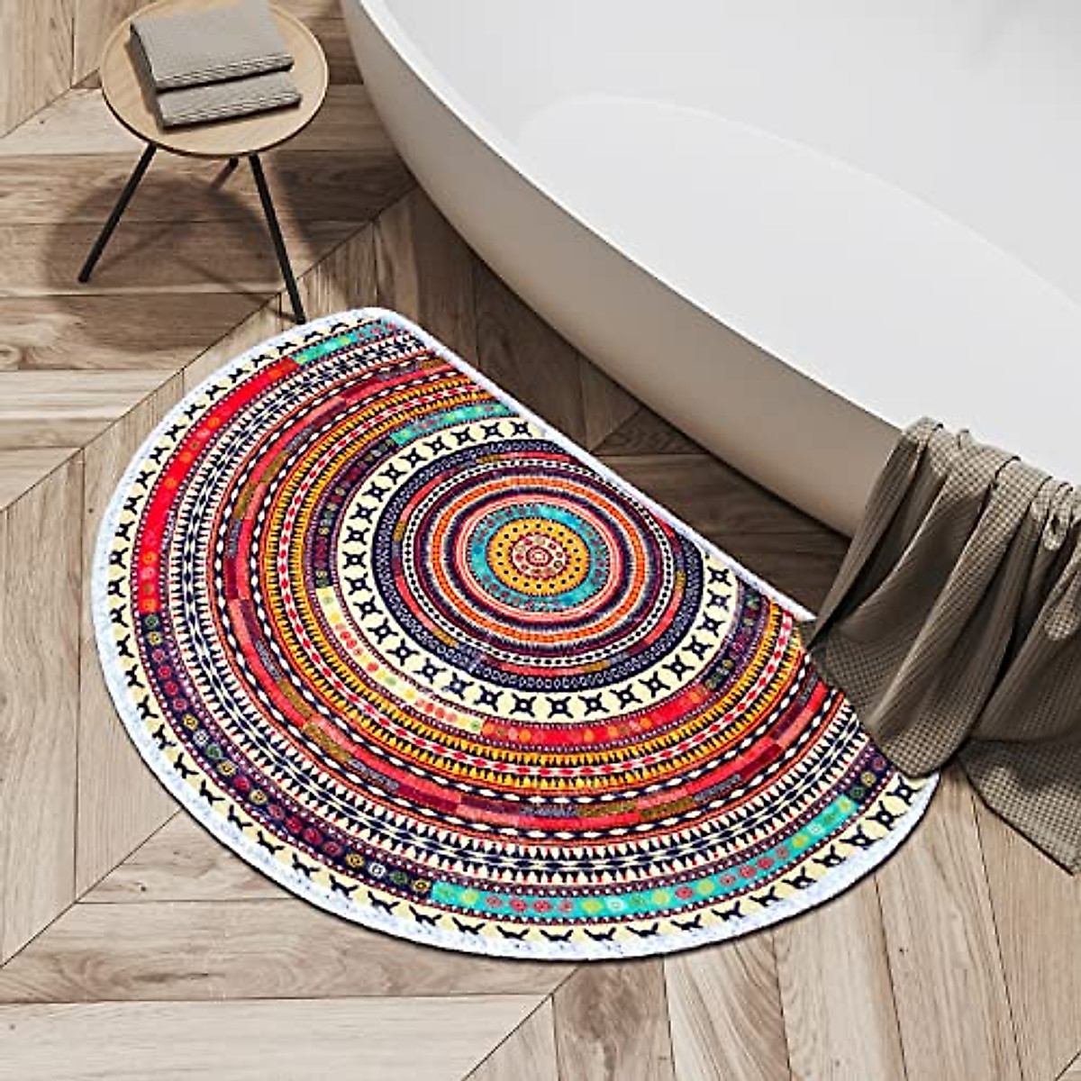 yolecan Half Round Bohemian Bathroom Rug,Ultra Soft and Water Absorbent Bath Mat,Boho Mandala Bath Carpet, Machine Wash/Dry, for Tub, Kitchen, and Indoor, 30x 20inch