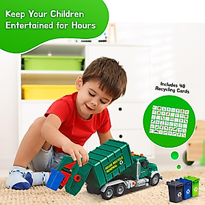 MOBIUS Toys Garbage Truck Toy – Recycling Vehicle for Boys with 3 Garbage Cans + 48 Flash Cards – Push & Go, Lights & Sounds – Multi-Functional Trash Truck w/Moving Parts for Ages 3-8