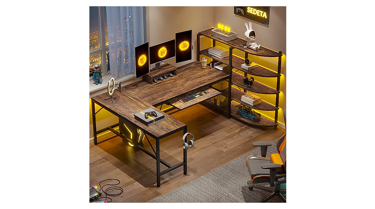 SEDETA L Shaped Computer Desk with LED Lights & Storage